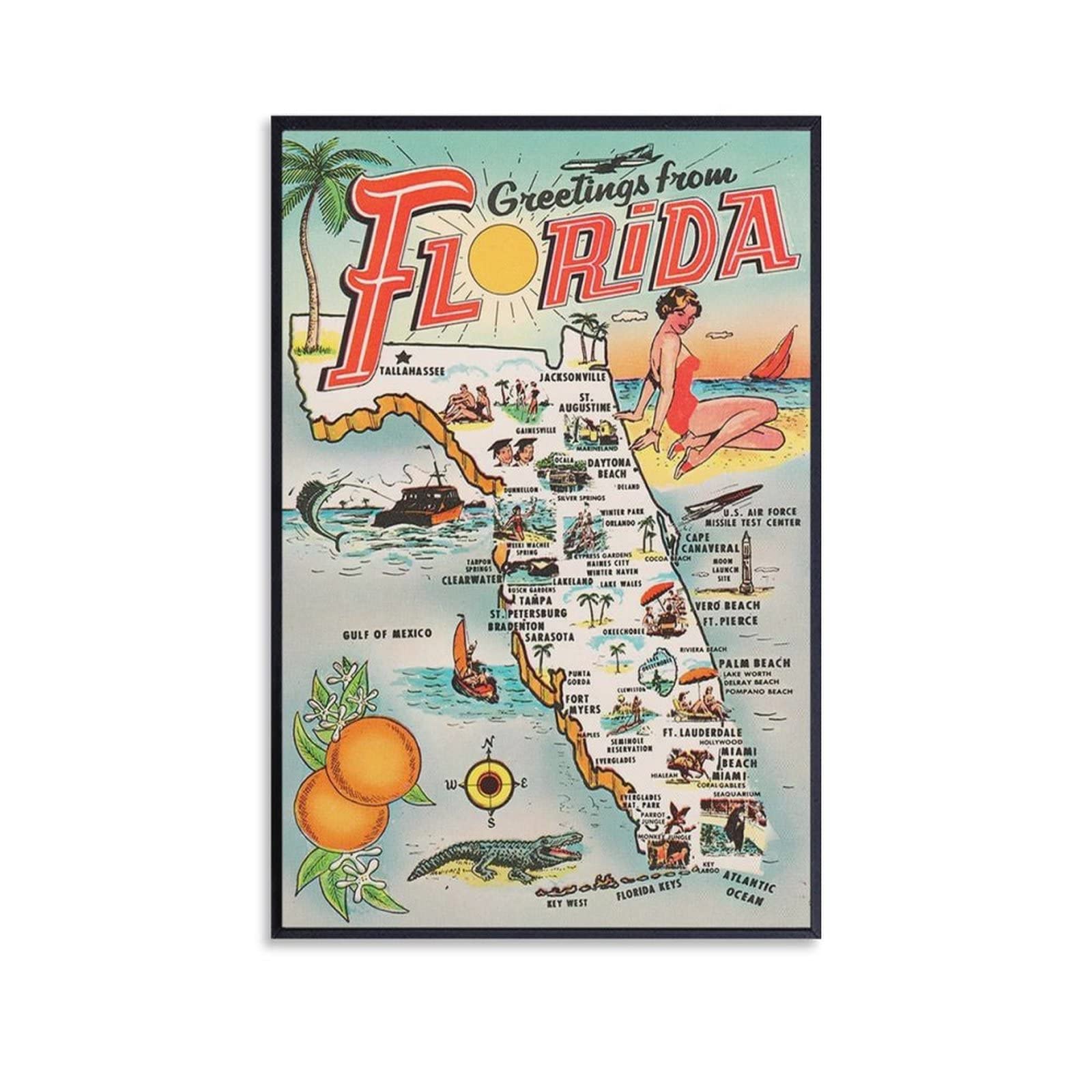 Amazon.com: Florida Wall Decor - Florida Tourism Tourist Map-Vintage ...