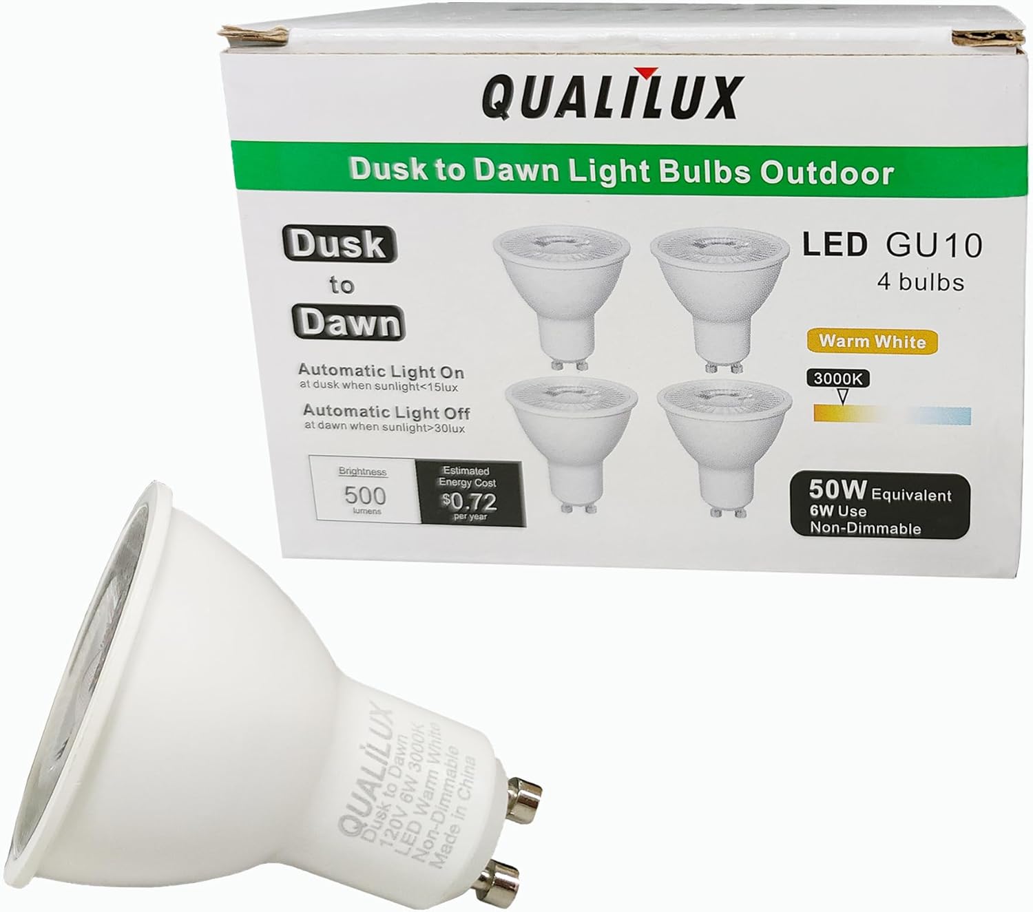 Qualilux MR16 GU10 Dusk to Dawn Light Bulbs, Warm White 3000K, 50W ...
