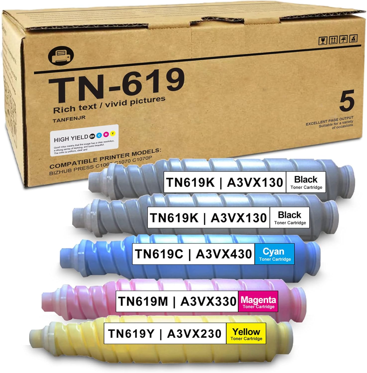 Amazon.com: TANFENJR 5 Pack TN619 TN-619 Toner Cartridges (2BK+1C+1M+1Y ...
