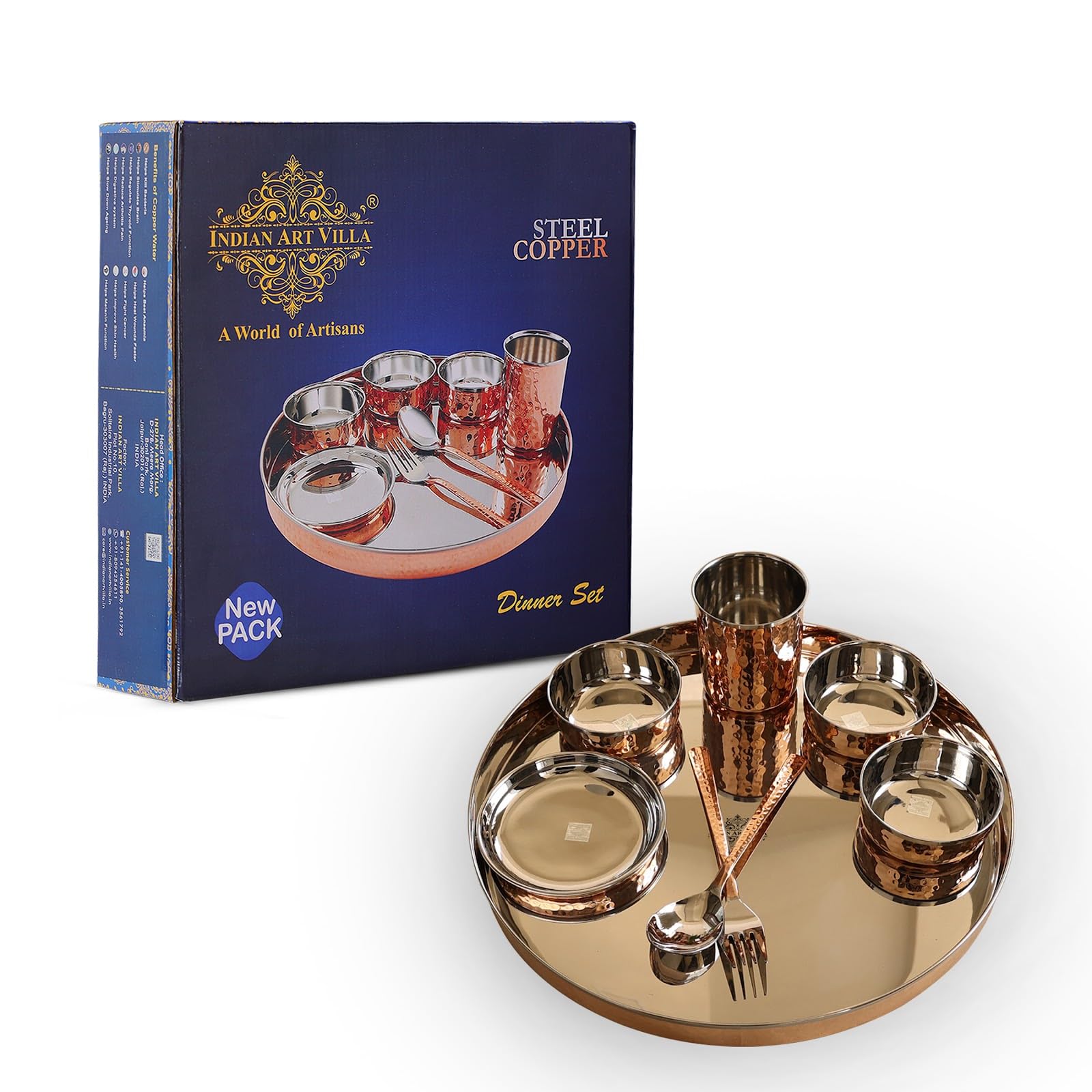 Buy INDIAN ART VILLA Steel Copper Dinner Set, Curved Hammered Finish ...
