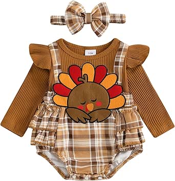 Amazon.com: Baby Girls Thanksgiving Turkey Romper Plaid Print Long Sleeve Jumpsuits Cute ...