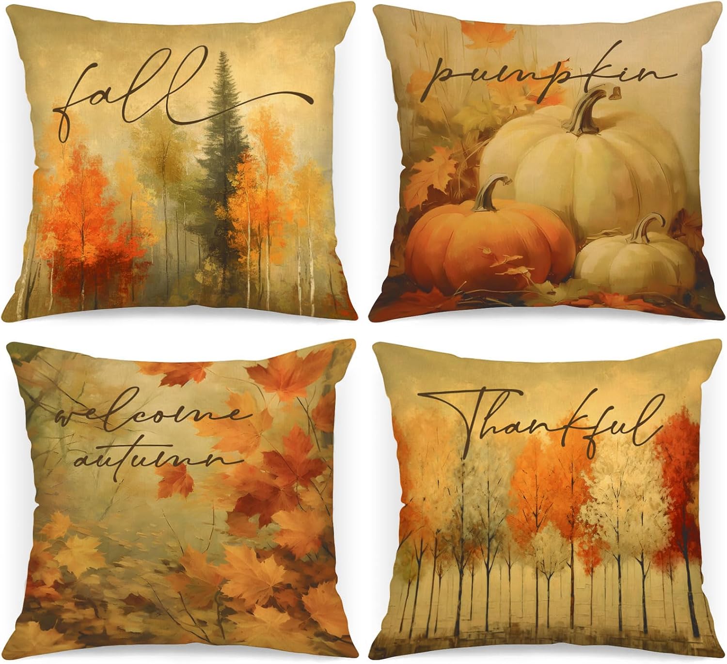 Benjia 45x45 Autumn Cushion Covers Set of 4, Watercolor forest pumpkin ...