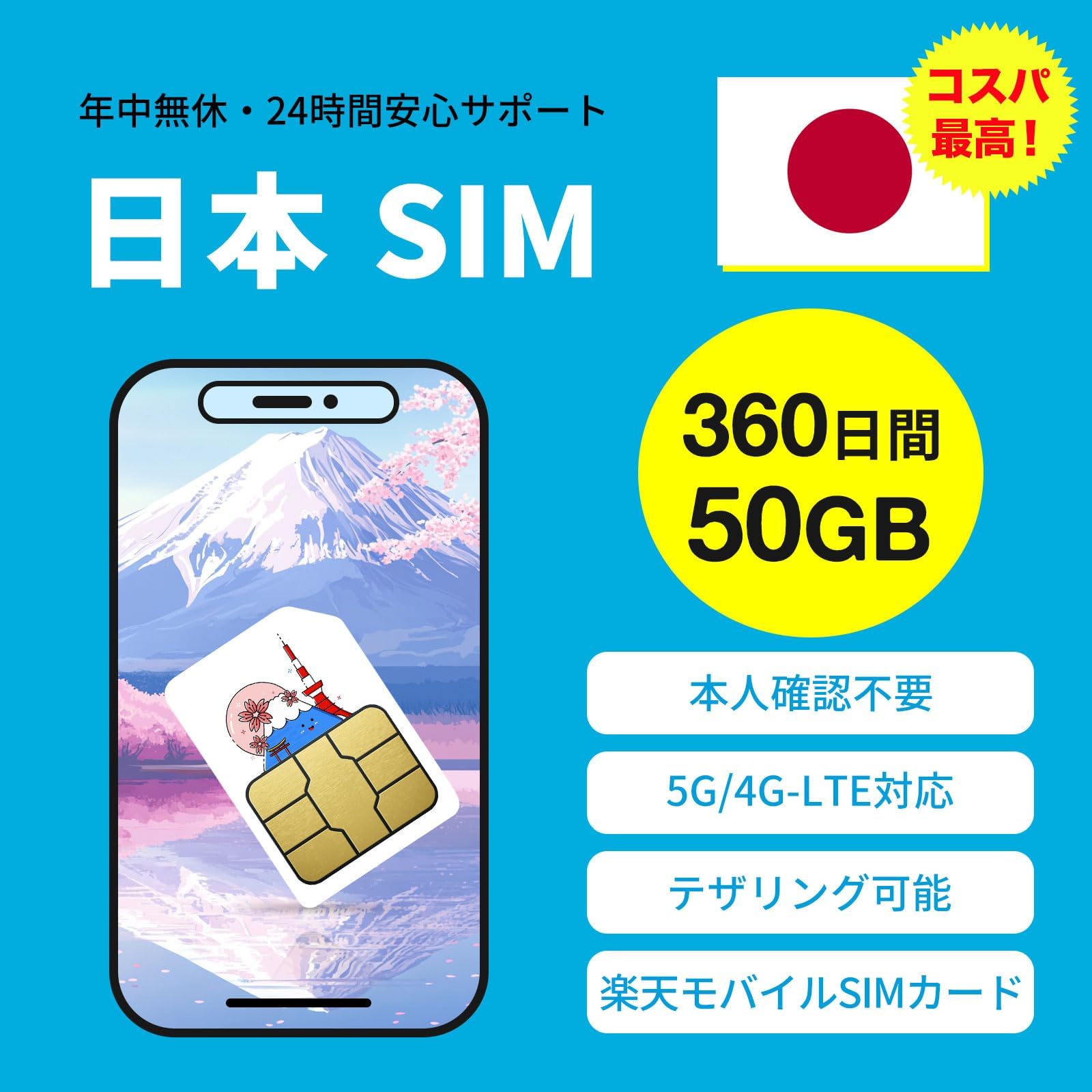 Amazon.co.jp: 【純正 RAKUTEN SIM】 360日間 50GB 大容量 日本 プリペイド SIM 5G 4G-LTE対応 ...