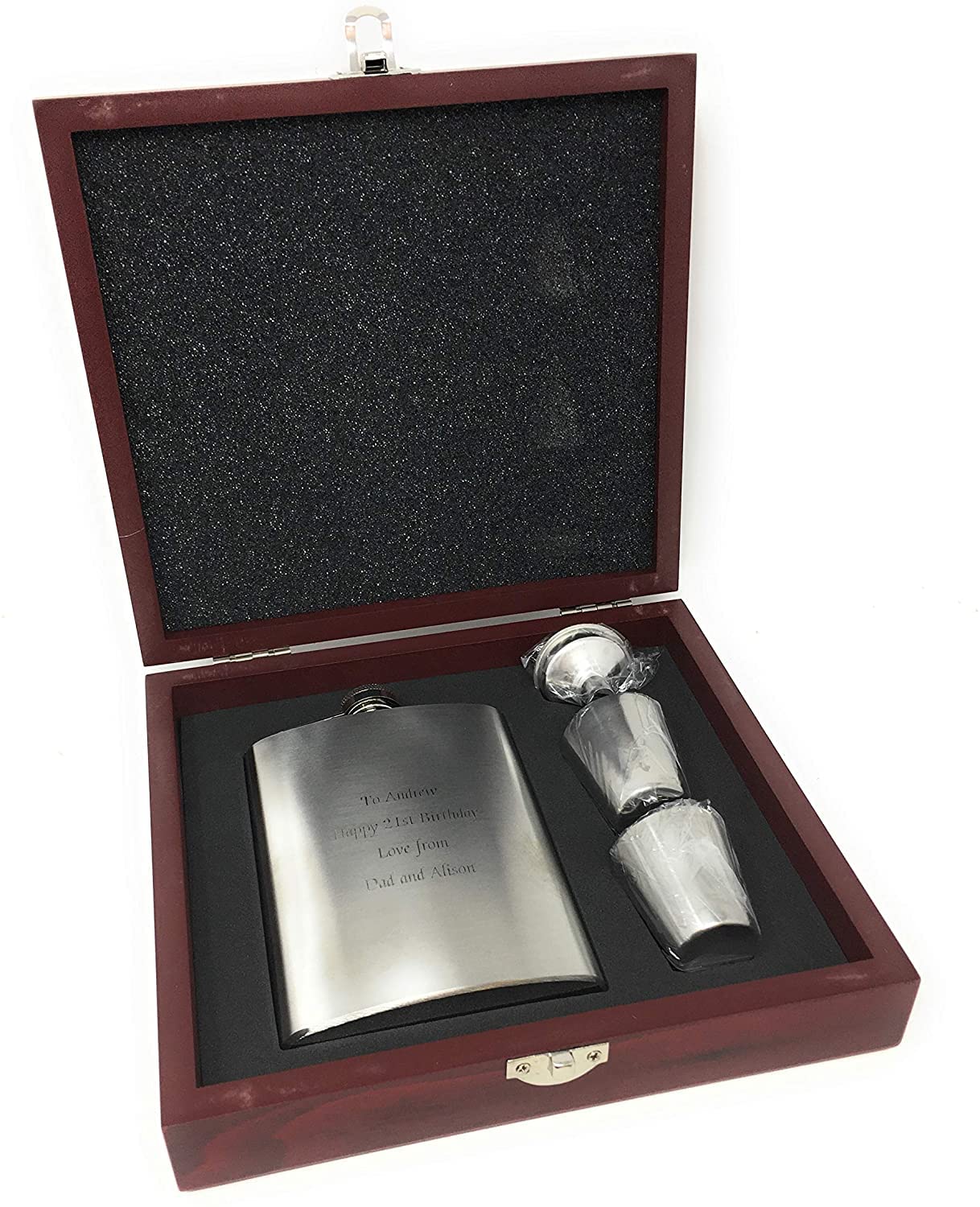 Personalised 8oz Stainless Steel Hip Flask Gift Set in Wooden ...