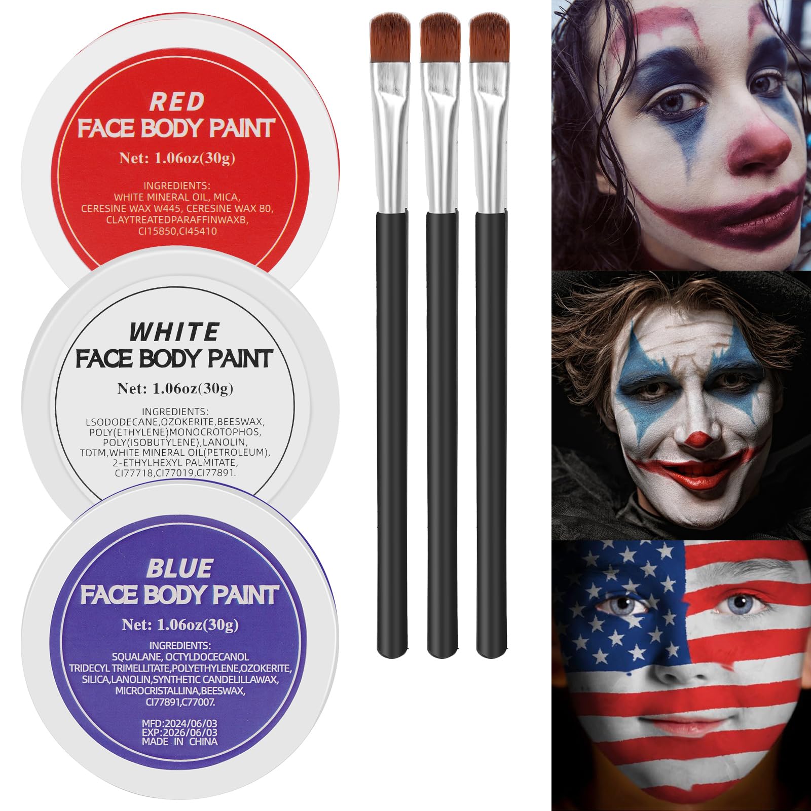 Amazon.com : White Red Blue Face Body Paint,Halloween Clown Makeup Kit ...
