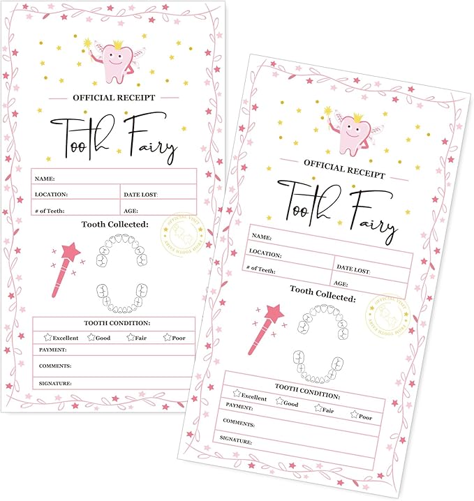 Amazon.com : JarThenaAMCS 20 Packs Tooth Fairy Receipt Cards Pink Lost ...