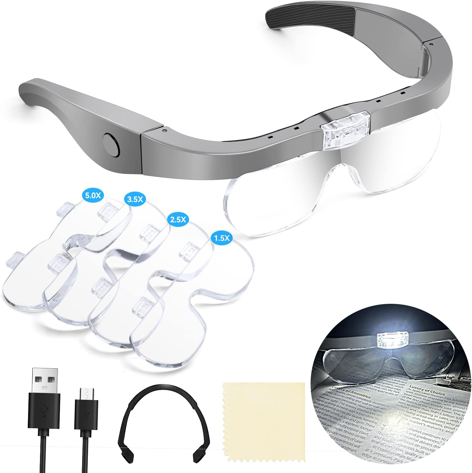 Lunette Loupe Grossissante LED Eclairante Rechargeable, Loupe de Tête ...