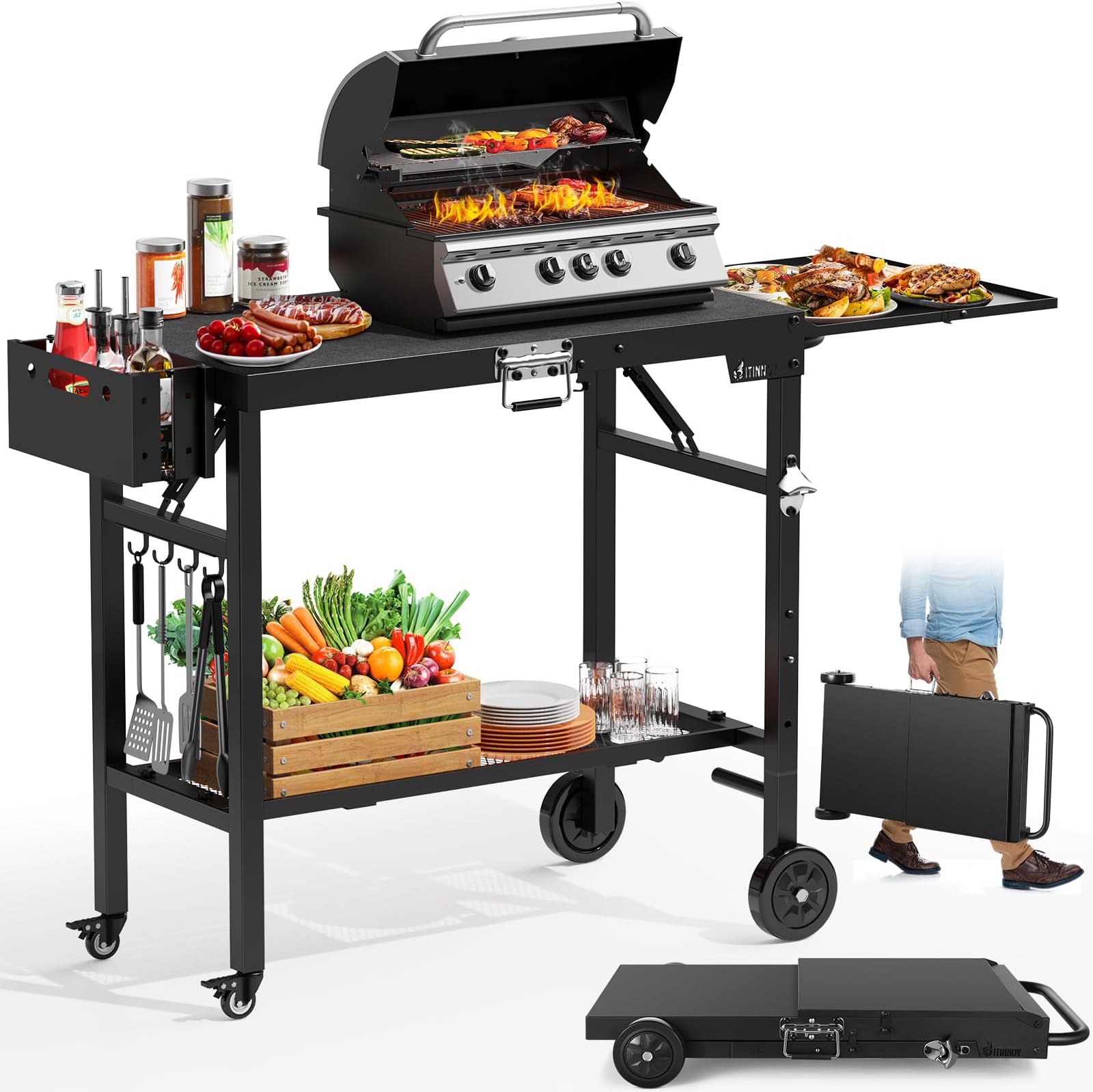 Amazon.com : Portable Outdoor Grill Table, Folding Grill Cart Solid and ...