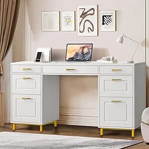 Amazon.com: MaverickFurni White Desk with 7 Drawers, 57” Office Desk ...
