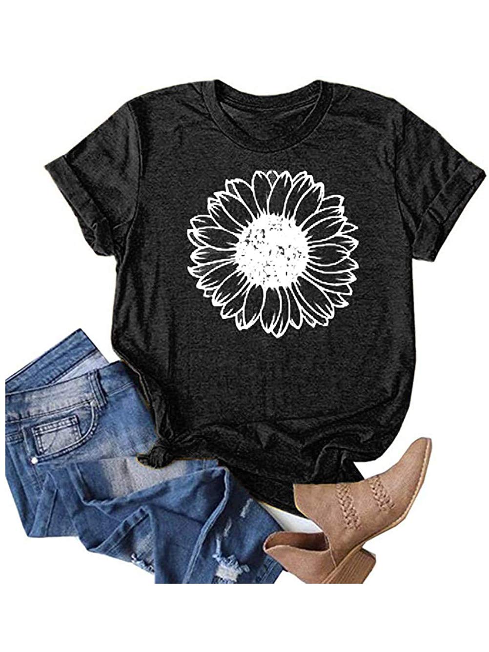 1 x Brand New Kaei Shi Roll Sleeve Graphic T Shirt Women, Sunflower Ts ...