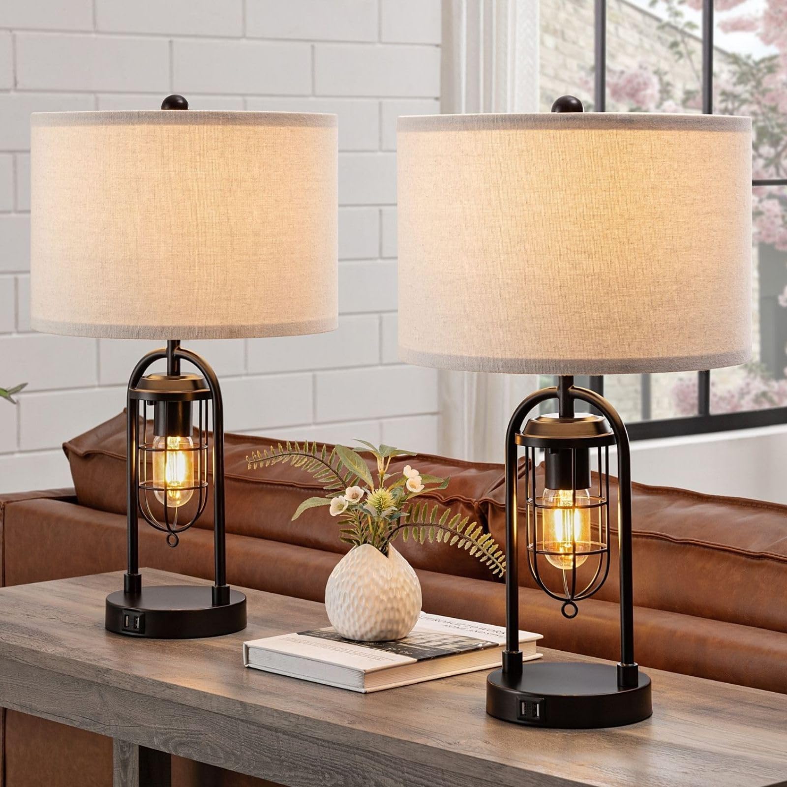 Farmhouse Rustic Table Lamps for Bedroom Set of 2, Vintage Lantern Lamp ...