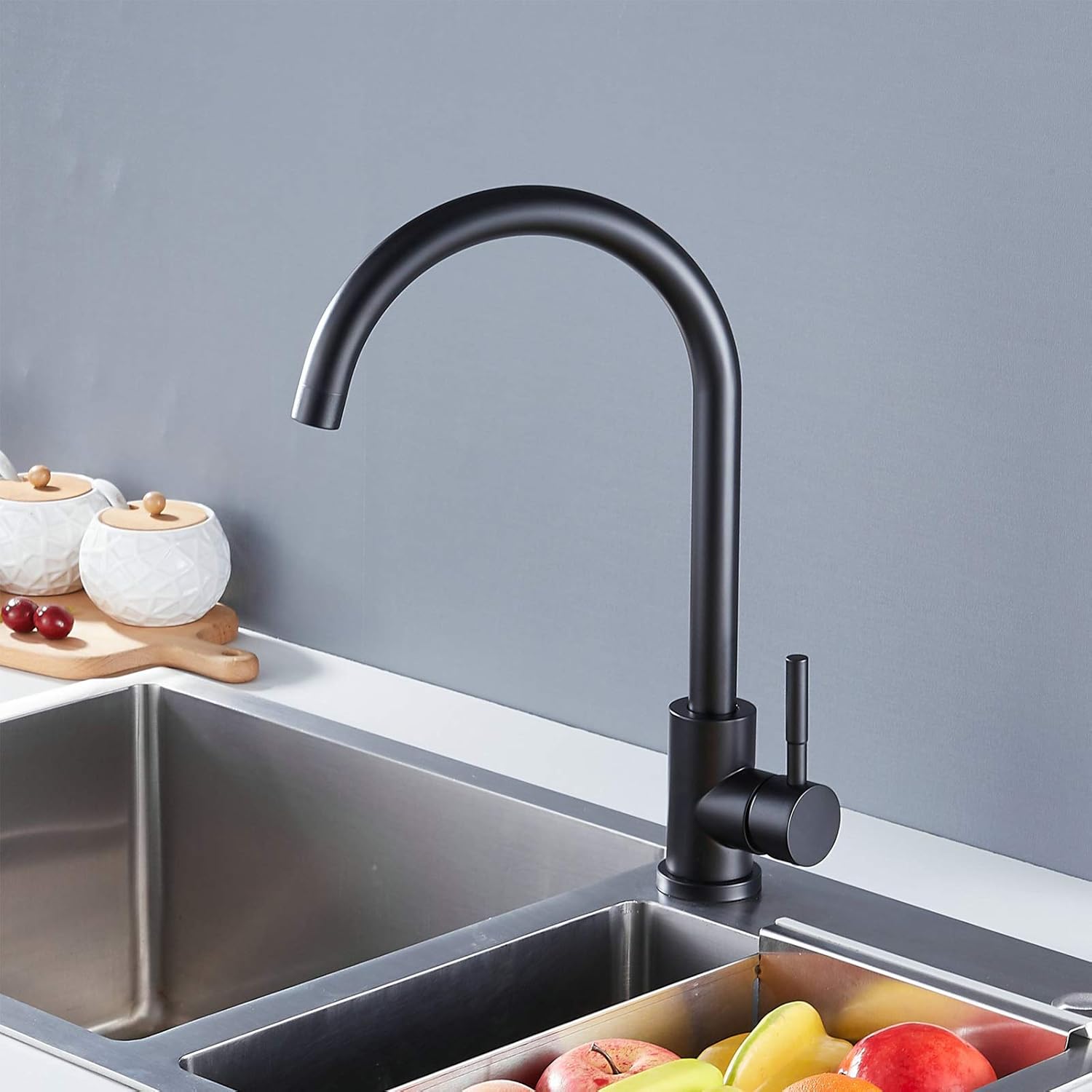 Mixer Tap for Kitchen Sink Black,NEWRAIN 360 ° Rotating Matte Black ...