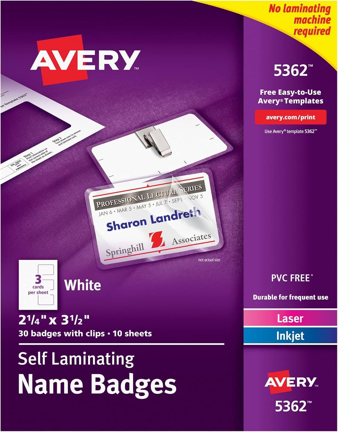 Avery Laminated Name Badges, 2.25 x 3.5 inches, White, Box of 30 Badges ...
