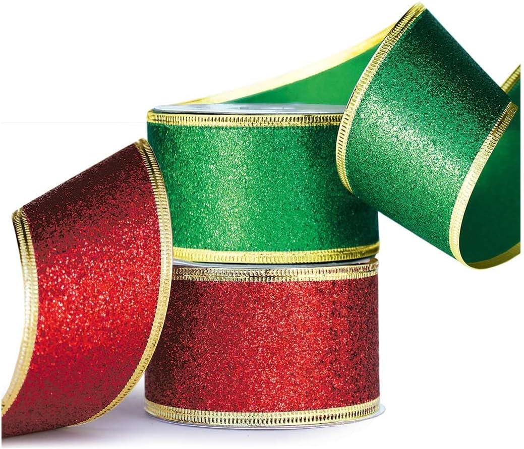 Amazon.com: Christmas Ribbon Glitter Wired Christmas Ribbons Red Green ...
