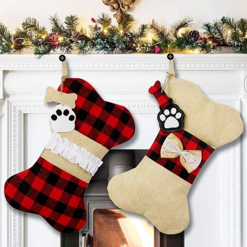 Amazon.com: AerWo Pet Dog Christmas Stockings Set of 2, Buffalo Plaid ...