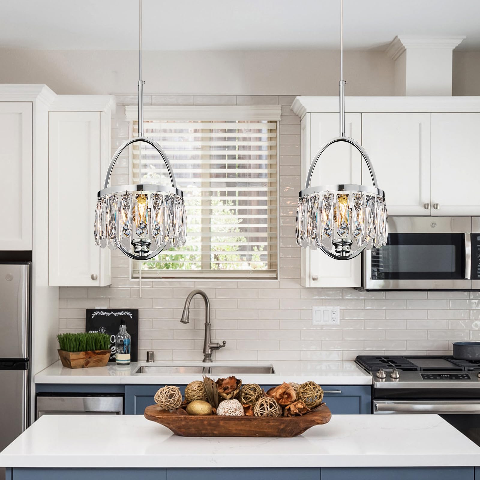 1-Light Mini Drum Chrome Crystal Pendant Light For Kitchen Island ...