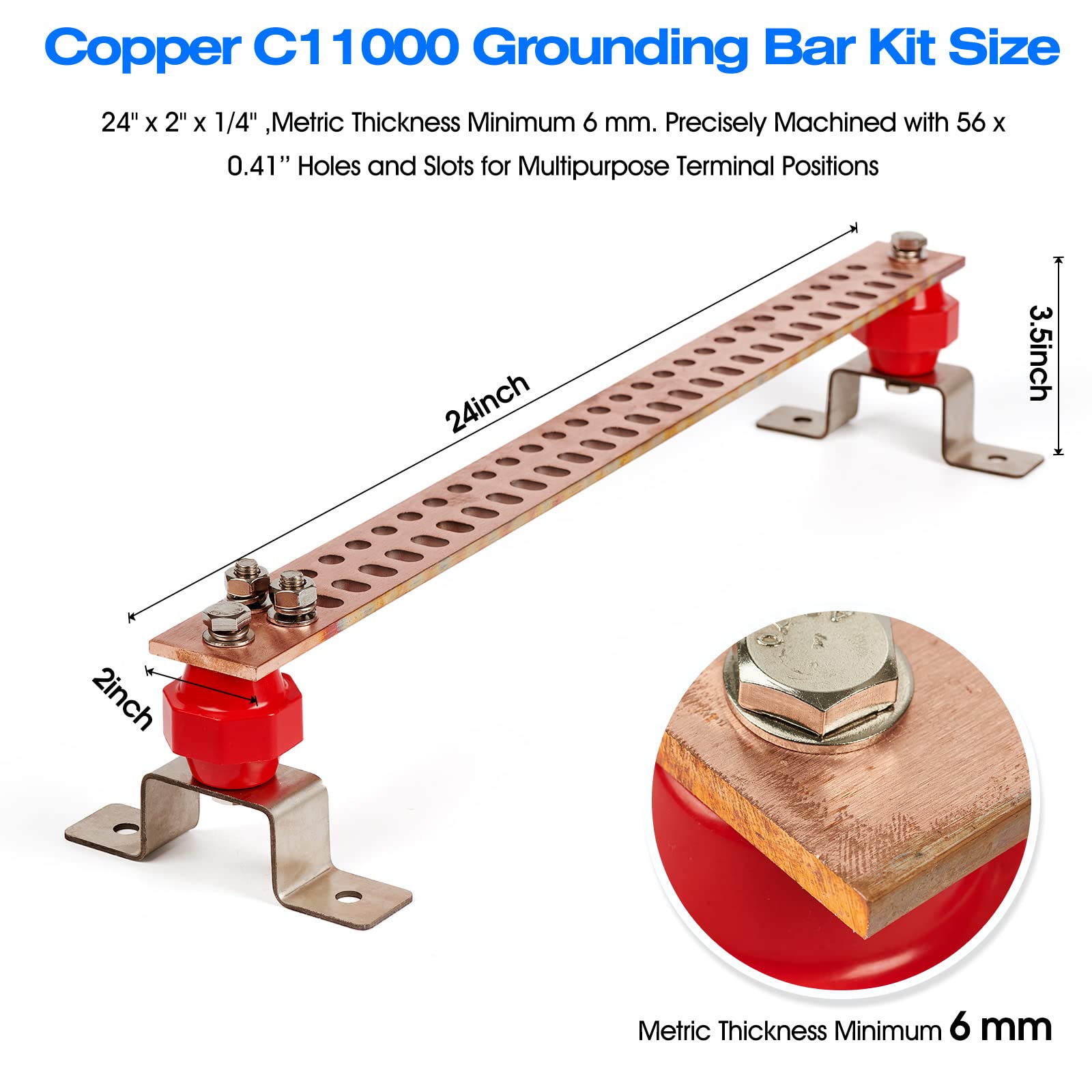 Snapklik.com : 24" Heavy-Duty Copper Ground Bar,Grounding Bar Kit Block
