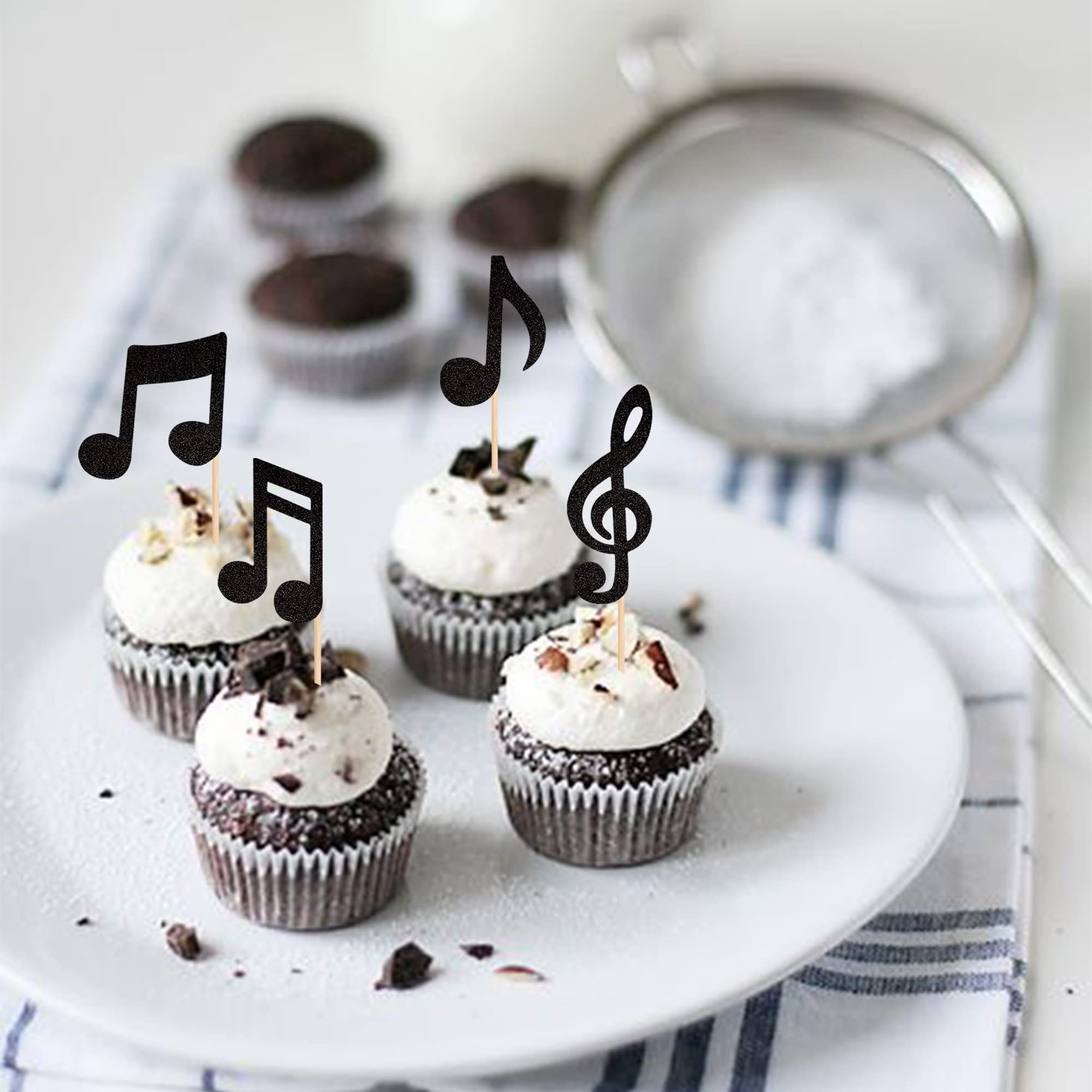 Snapklik.com : 24 PCS Music Notes Cupcake Toppers Black Glitter Musical ...