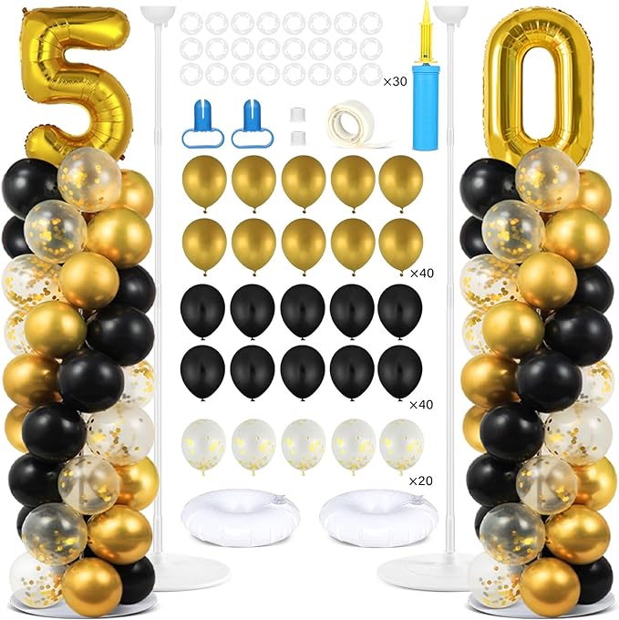 Amazon.com: 2 Sets 50th Birthday Balloon Column Stand Kit Black Gold ...