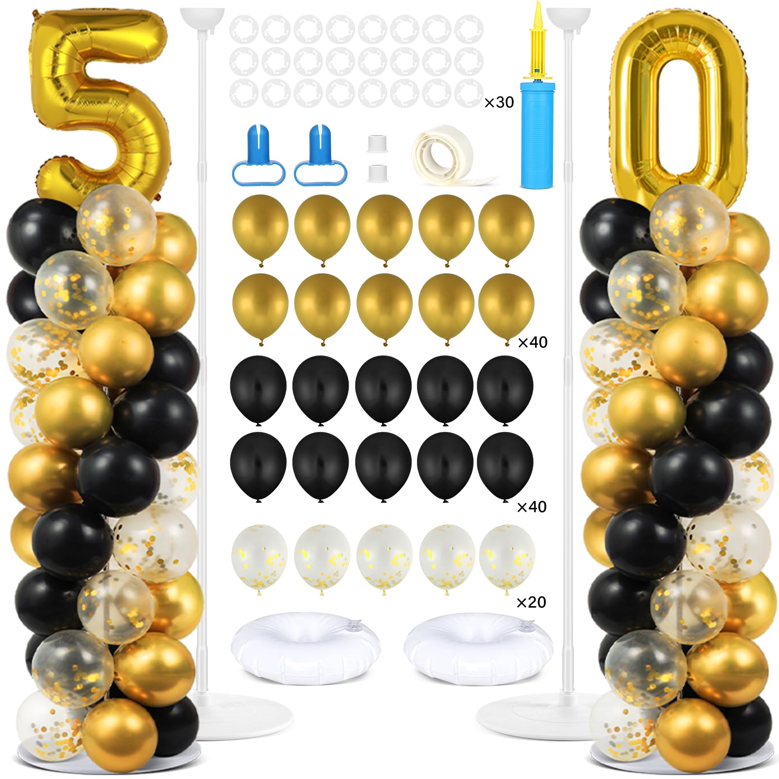 Amazon.com: 2 Sets 50th Birthday Balloon Column Stand Kit Black Gold ...