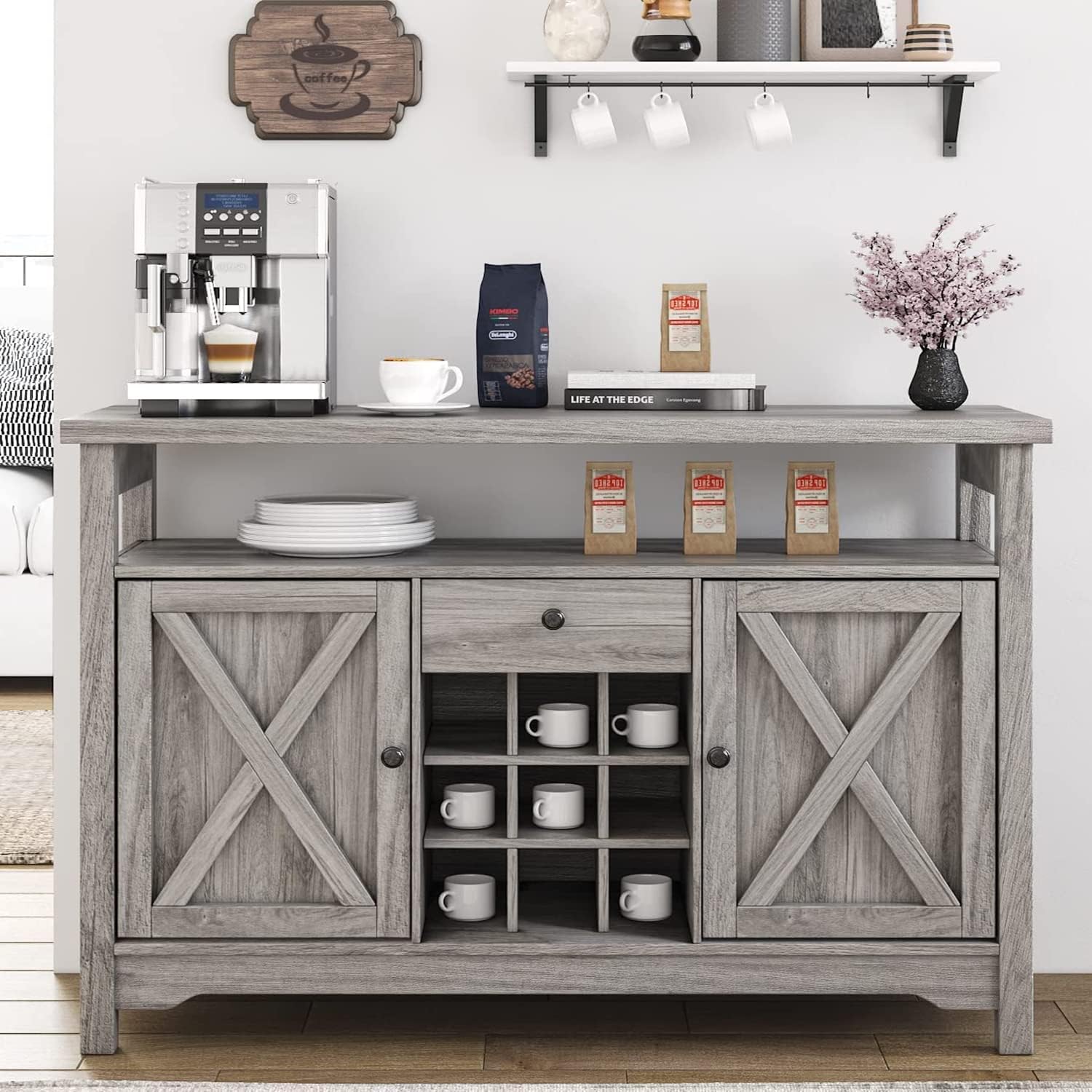 Amazon.com: Farmhouse Coffee Bar Cabinet, 47" Grey Coffee Bar with ...