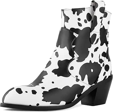 Amazon.com | Cozivwaiy Women Cow Print Ankle Boots Chunky Heel Short ...