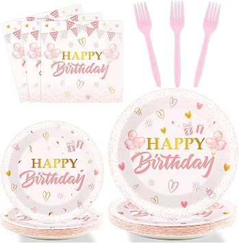 Amazon.com: Tevxj 96 Pieces Pink Happy Birthday Party Tableware Set ...