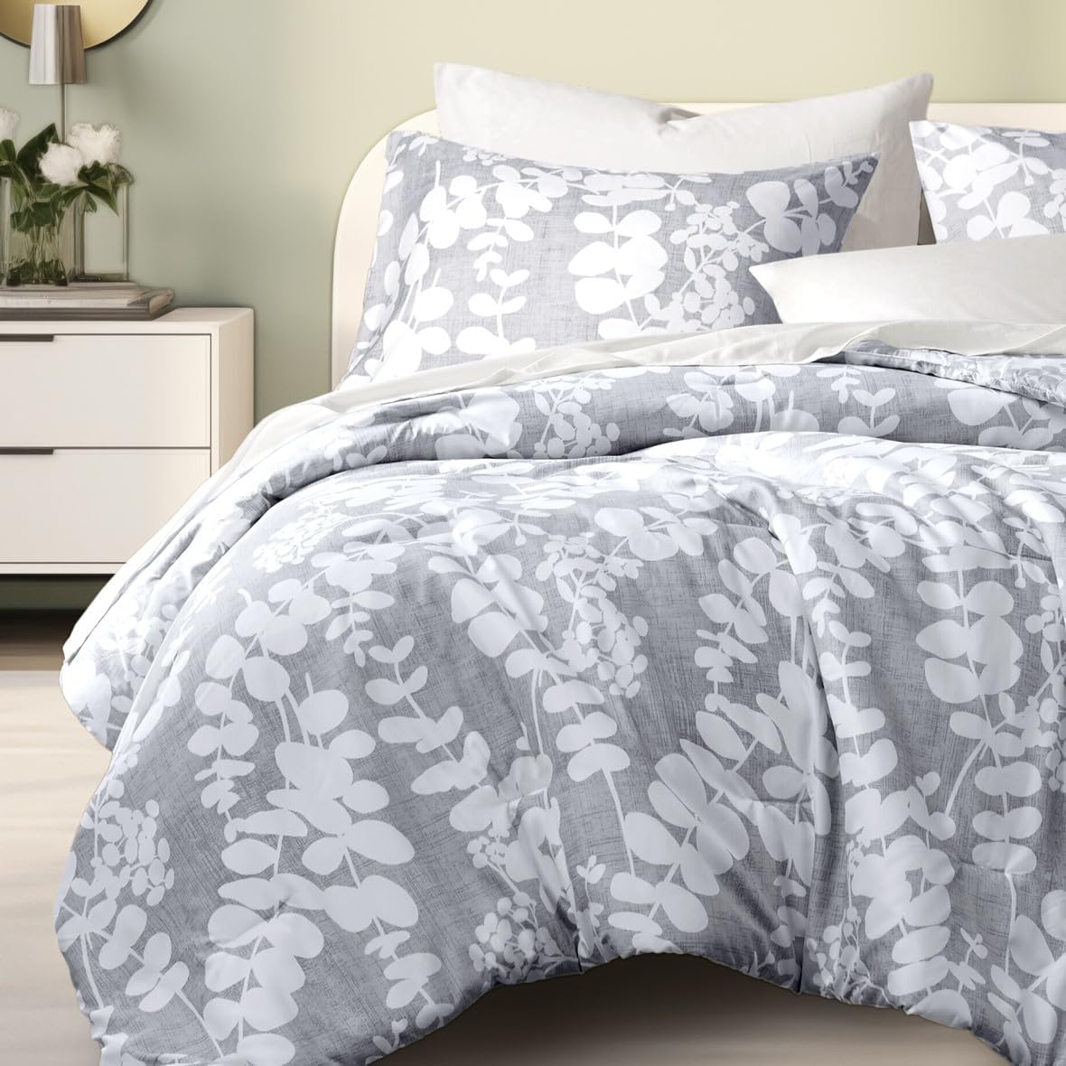 Amazon.com: Codi Gray Floral Comforter Set Queen Size, Botanical ...