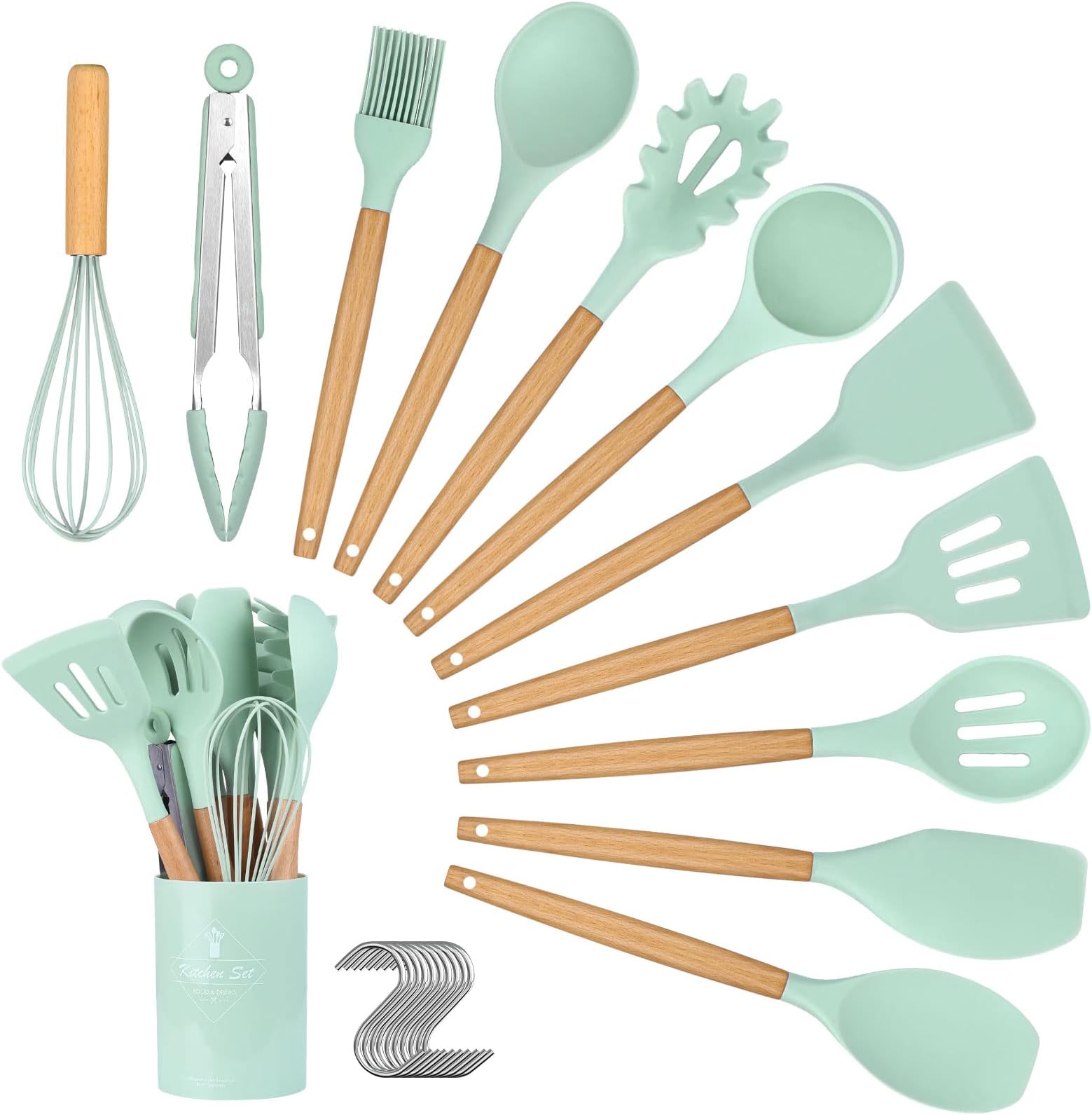 Silicone Cooking Utensils Kitchen Utensil Set - 9 Pieces Natural Wooden ...