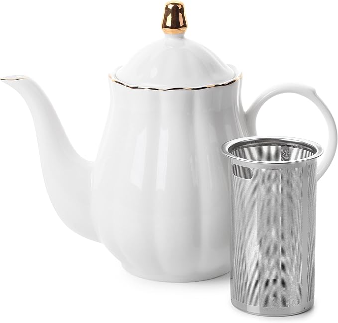 Tea Brew - Porcelain Tea Pot with Stainless Steel Infuser, 32 oz, White ...