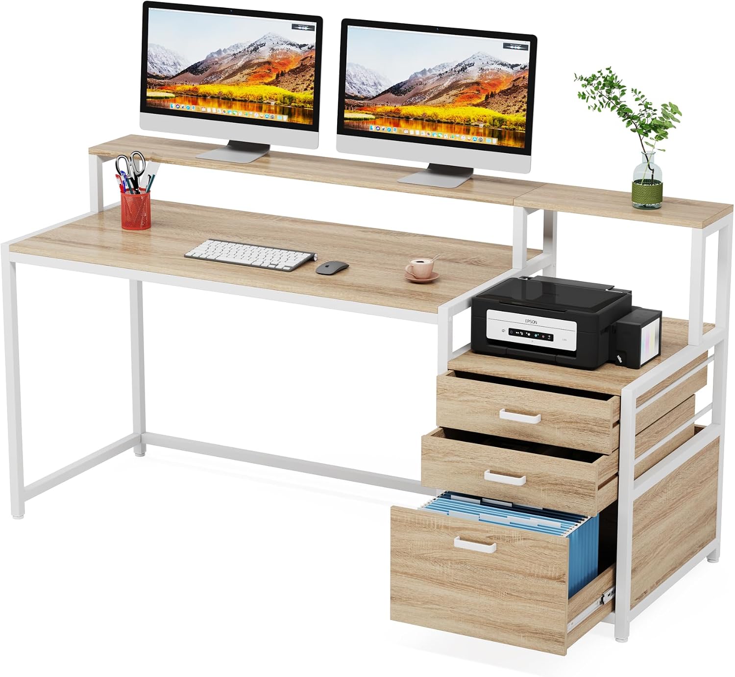 Amazon.com: LITTLE TREE 63 Inch Computer Desk with File Drawer Cabinet ...