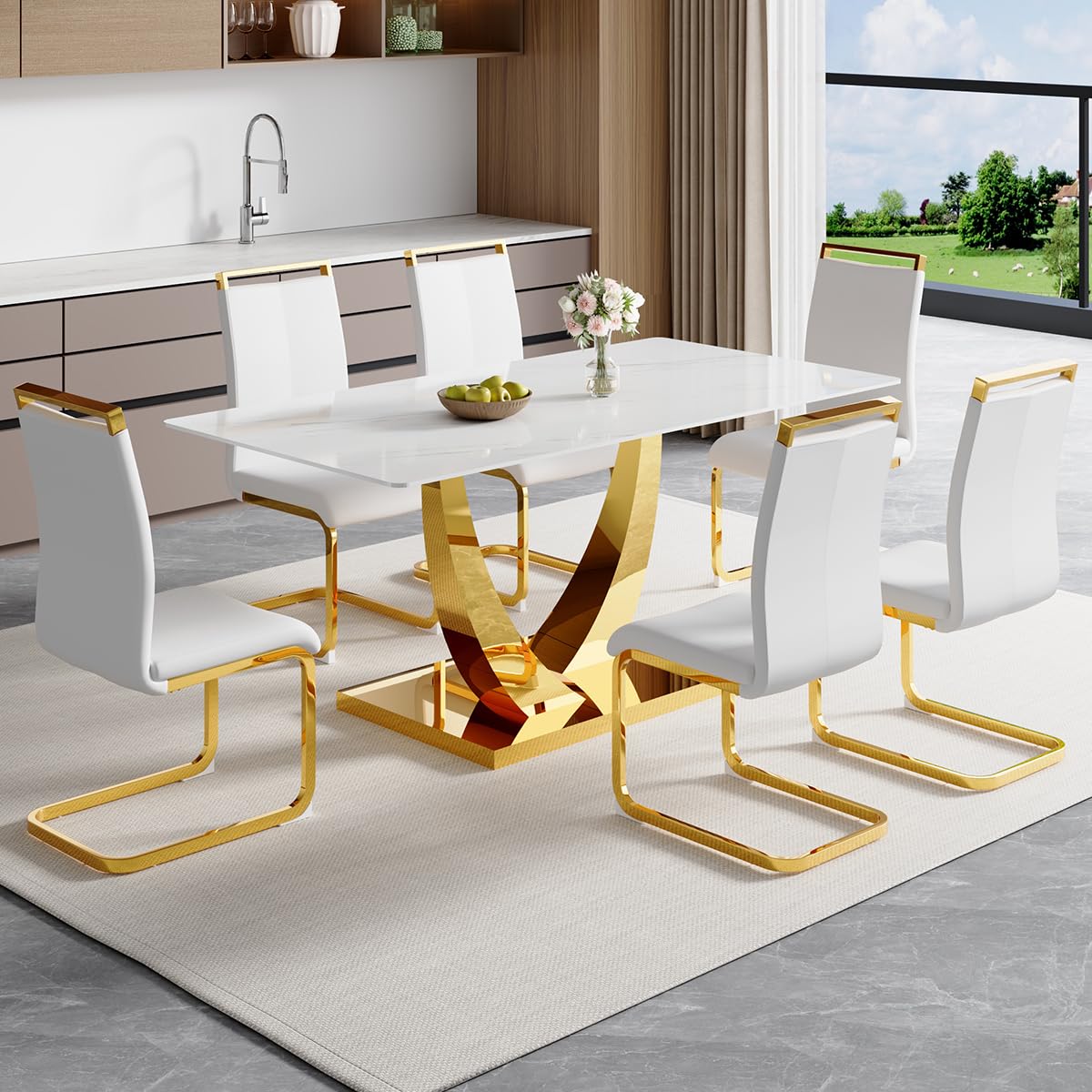 Amazon.com - NYEESS 63” Dining Room Table Set for 6,Modern Gold Dining ...