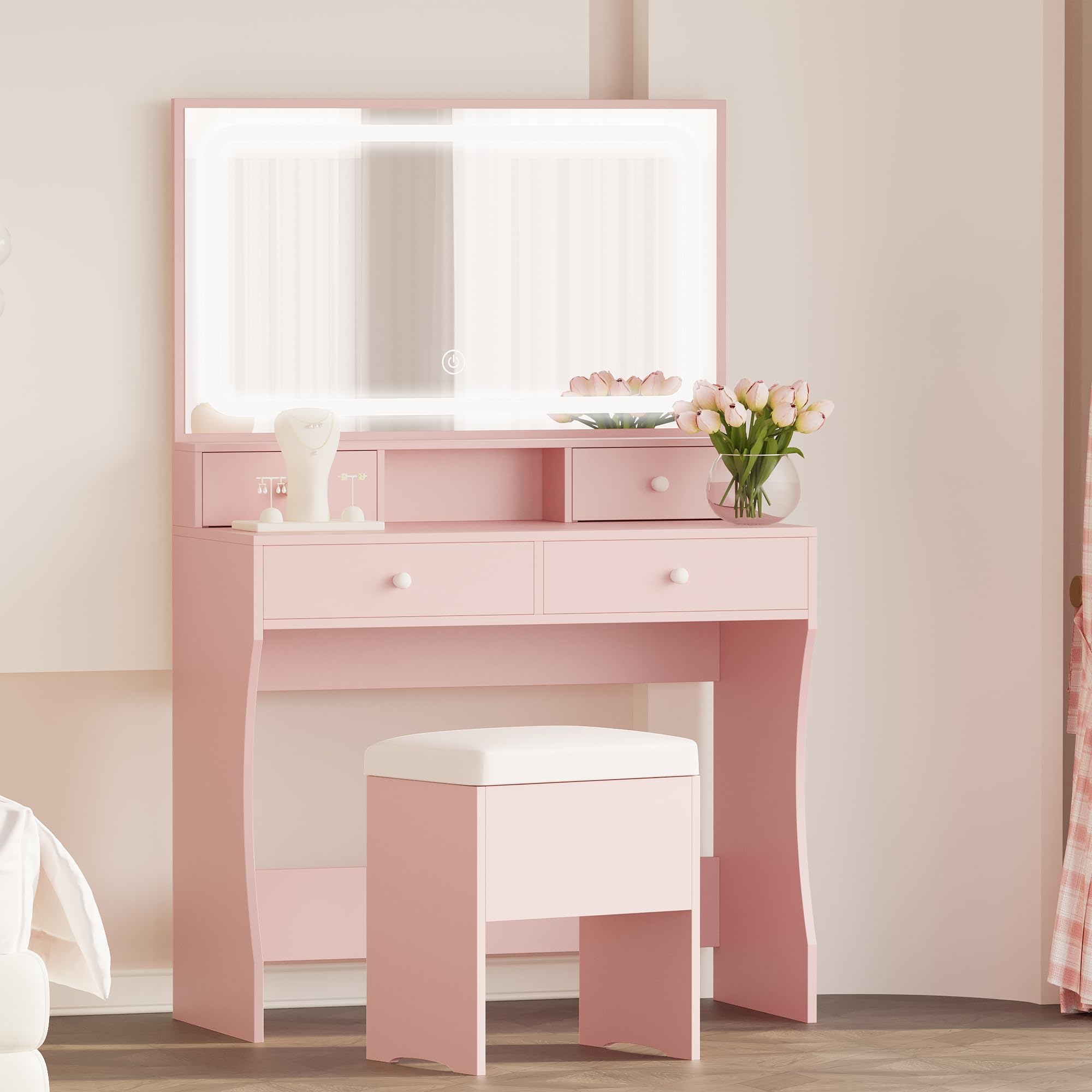 Amazon.com: IRONCK Vanity Desk with Mirror and Lights, 4-Drawer Makeup ...