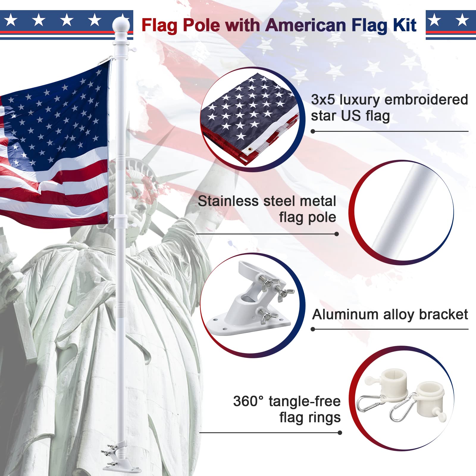 Flag Pole with American Flag - Tangle Free Flag Poles for Outside House ...