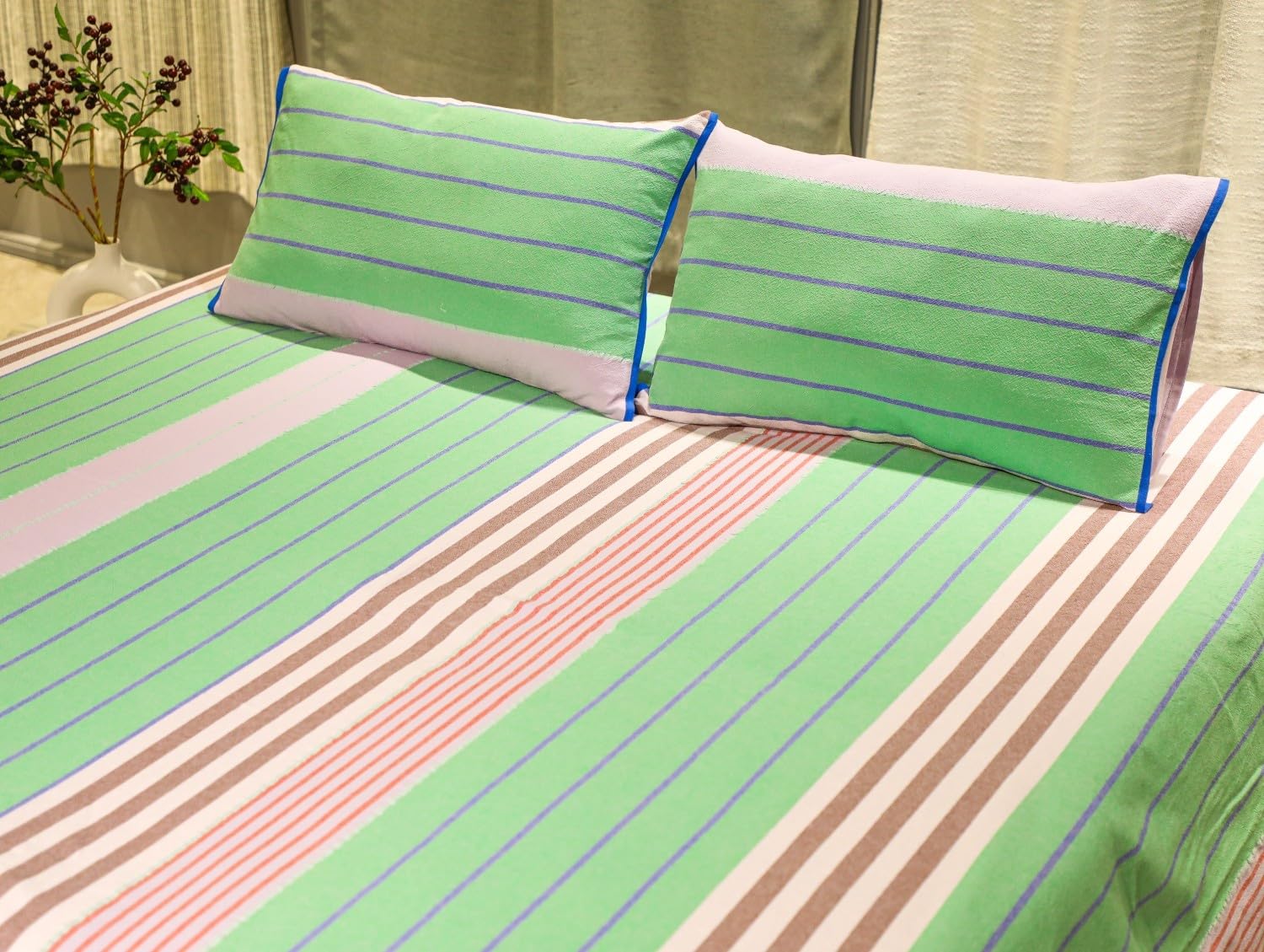 EcruE Woven Stripe Bed Sheet Set - 100% Cotton, 180 TC Double Size ...