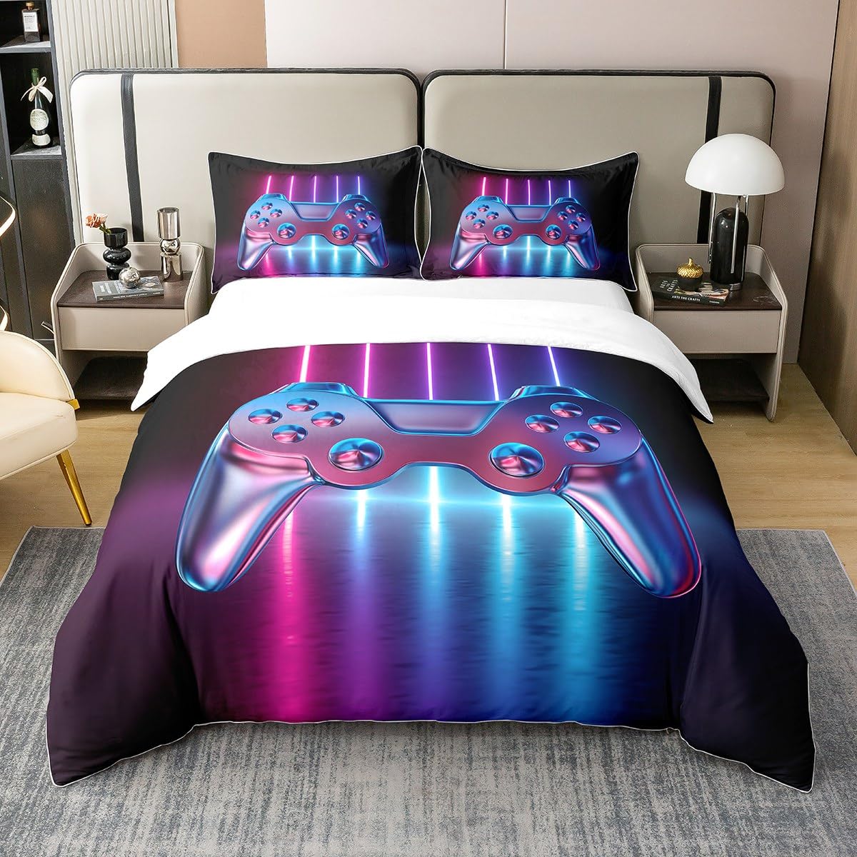 Games Bedding 100% Cotton Set Neon Gaming Duvet Cover 100% Cotton Kids ...