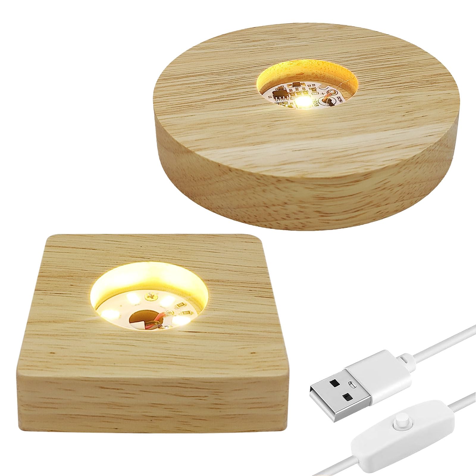 2Pcs Round & Square Wooden Led Display Base, Round Wooden Led Lights ...