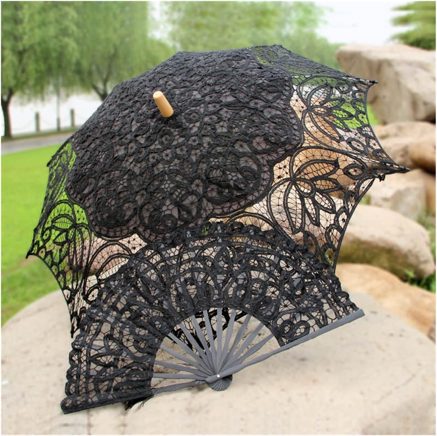 Amazon.com: LiFBeauTiFuL Handmade Lace Parasol Lace Fan Set Wedding ...
