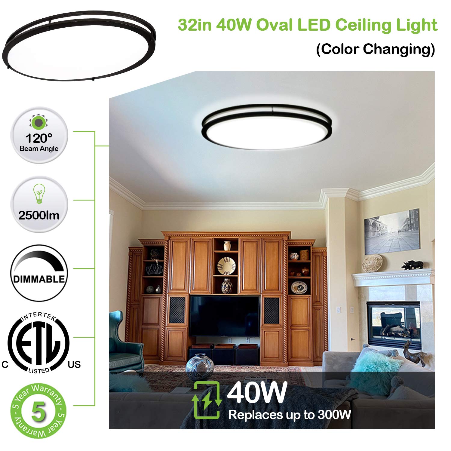 Buy 32 Inch Oval LED Ceiling Light, 35W [300W Equivalent] 3100Lm 4000K ...