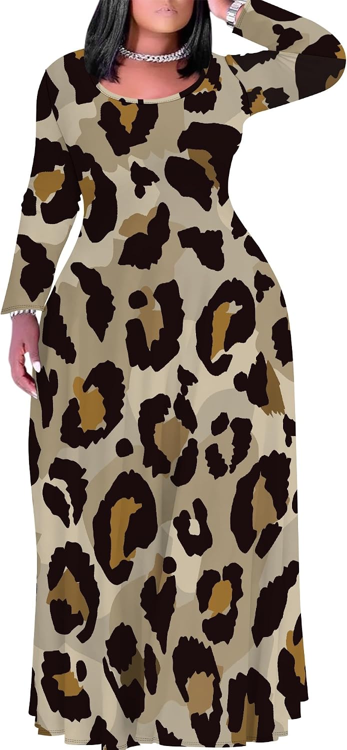 powkiet Women’s Animal Print Long Sleeve Maxi Dress with Pockets ...