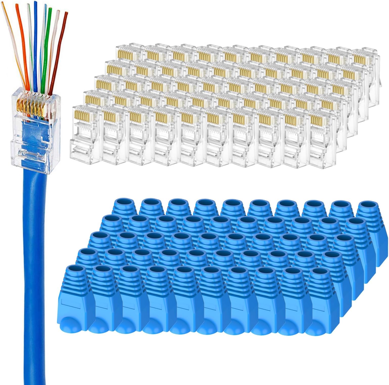 Brileine 100-Pack Cat 6 Pass Through RJ45 Connectors with RJ45 Boots ...