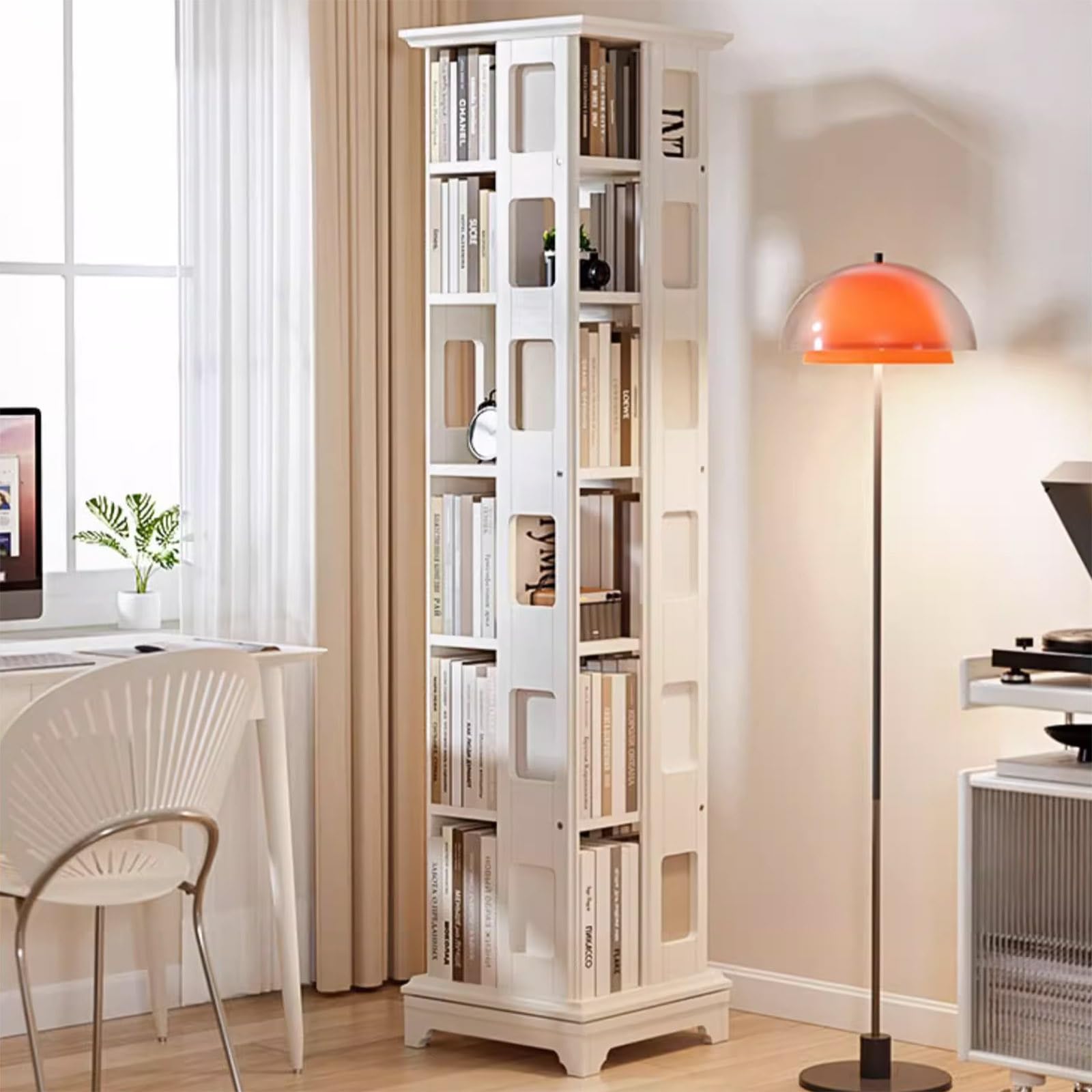 White Revolving Bookshelf Rotating Bookshelf Tower, 4 Tier 360