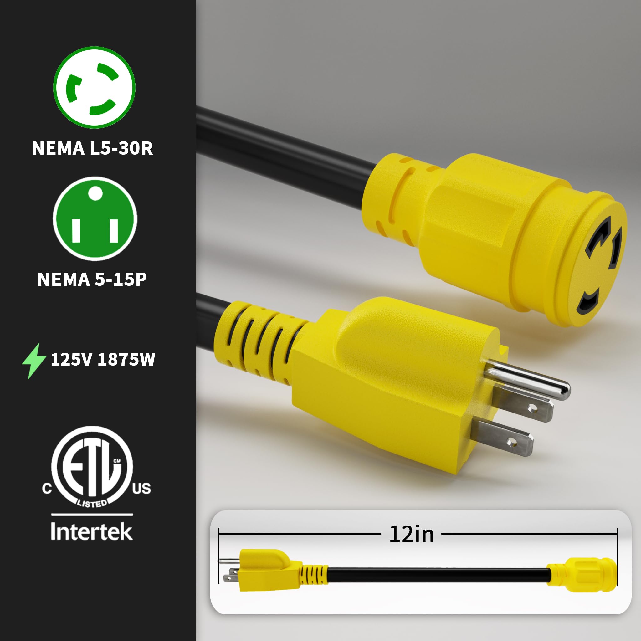 RV Generator Adapter Cord POWGRN 15A To 30A - 1FT 10 Gauge ETL Listed ...