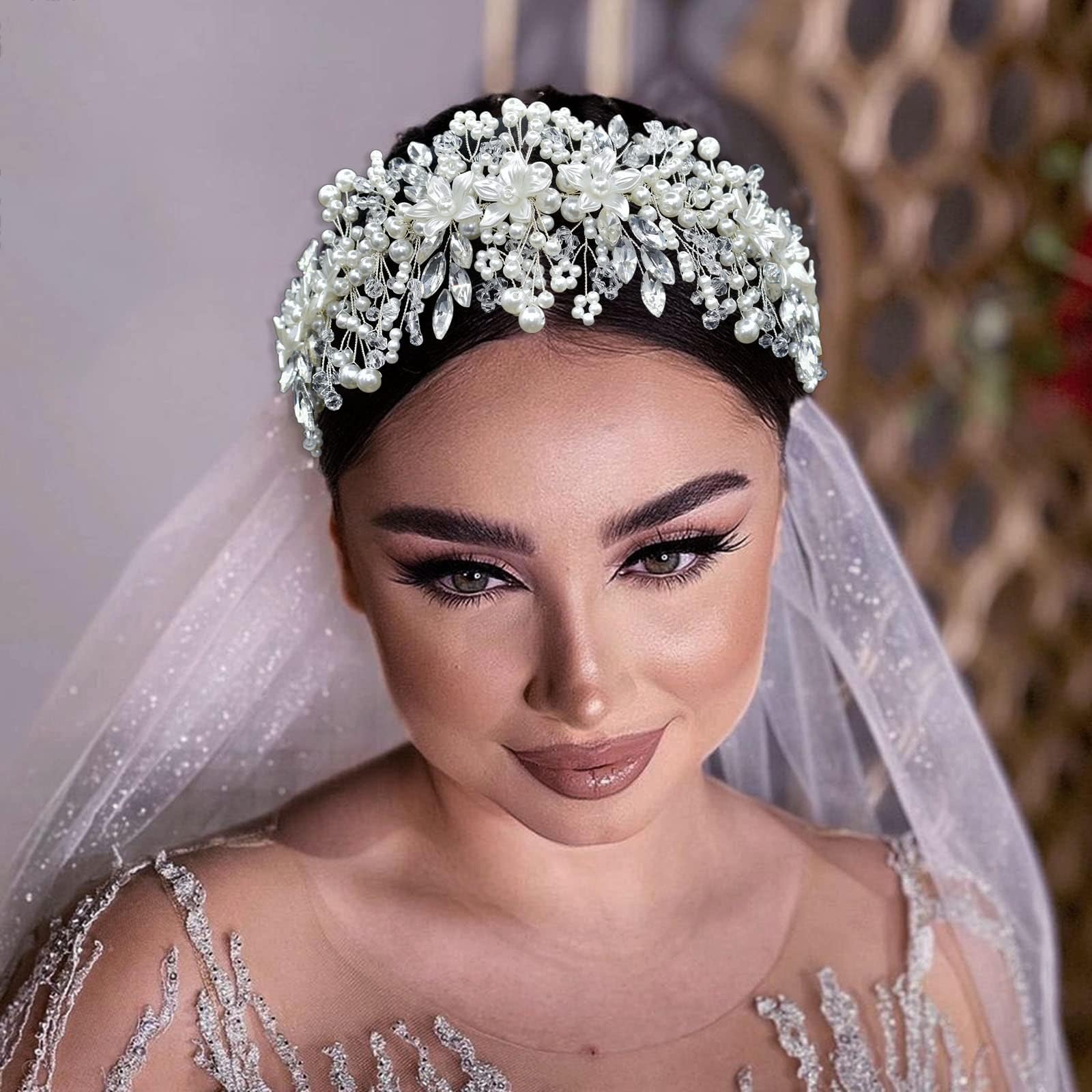 Amazon.com : WONRLUA Pearl Bridal Headband, Wedding Headpiece for Bride ...