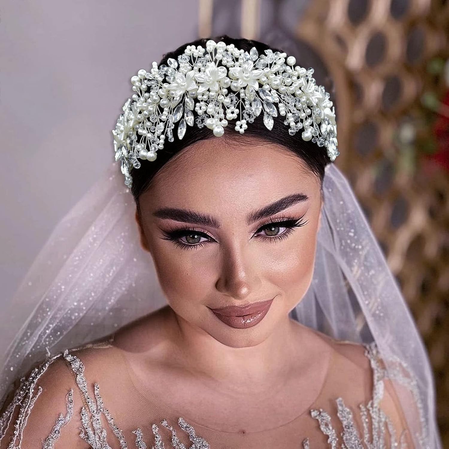 Amazon.com : WONRLUA Pearl Bridal Headband, Wedding Headpiece for Bride ...