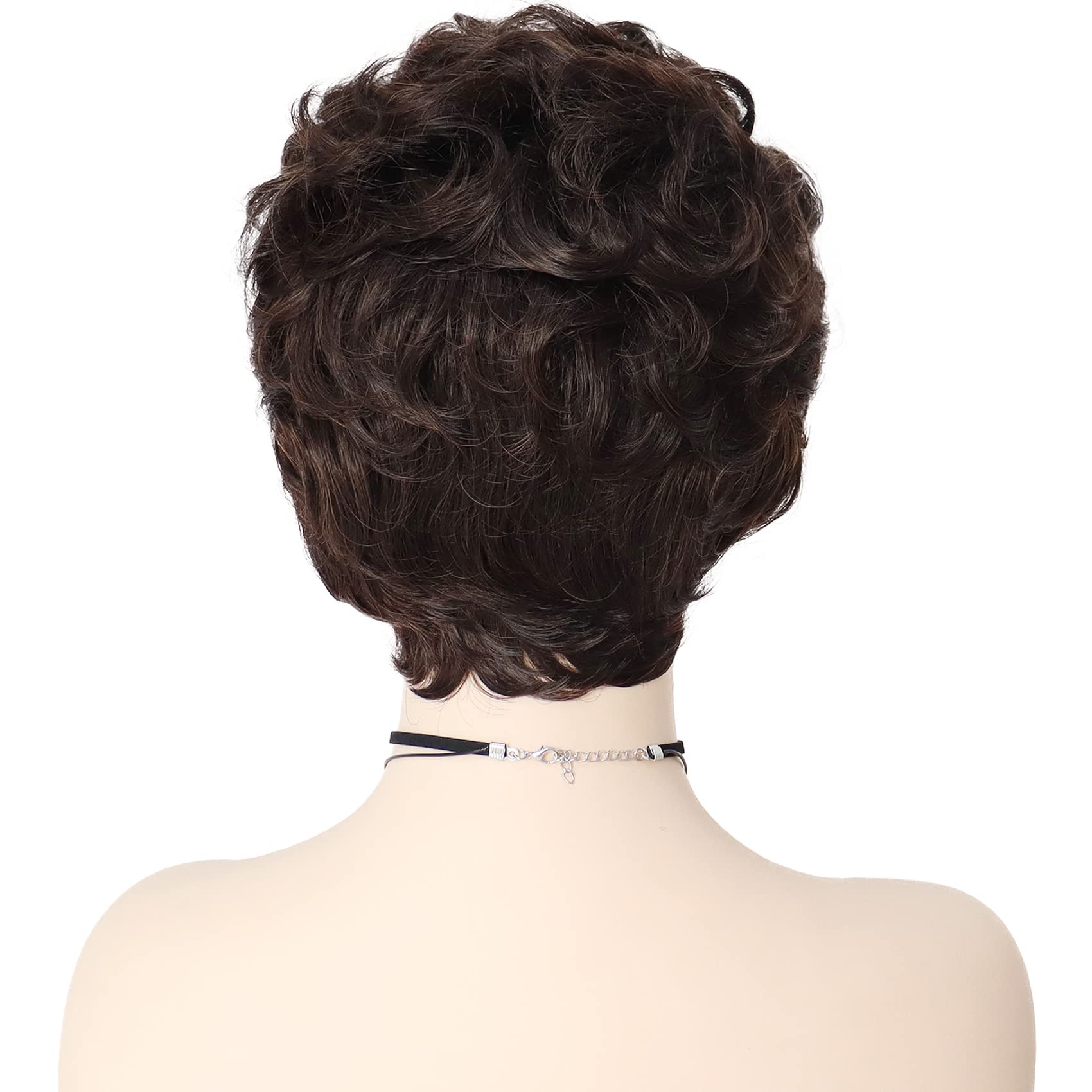 GNIMEGIL Short Dark Brown Curly Wigs with Fuffly Bangs for Women ...