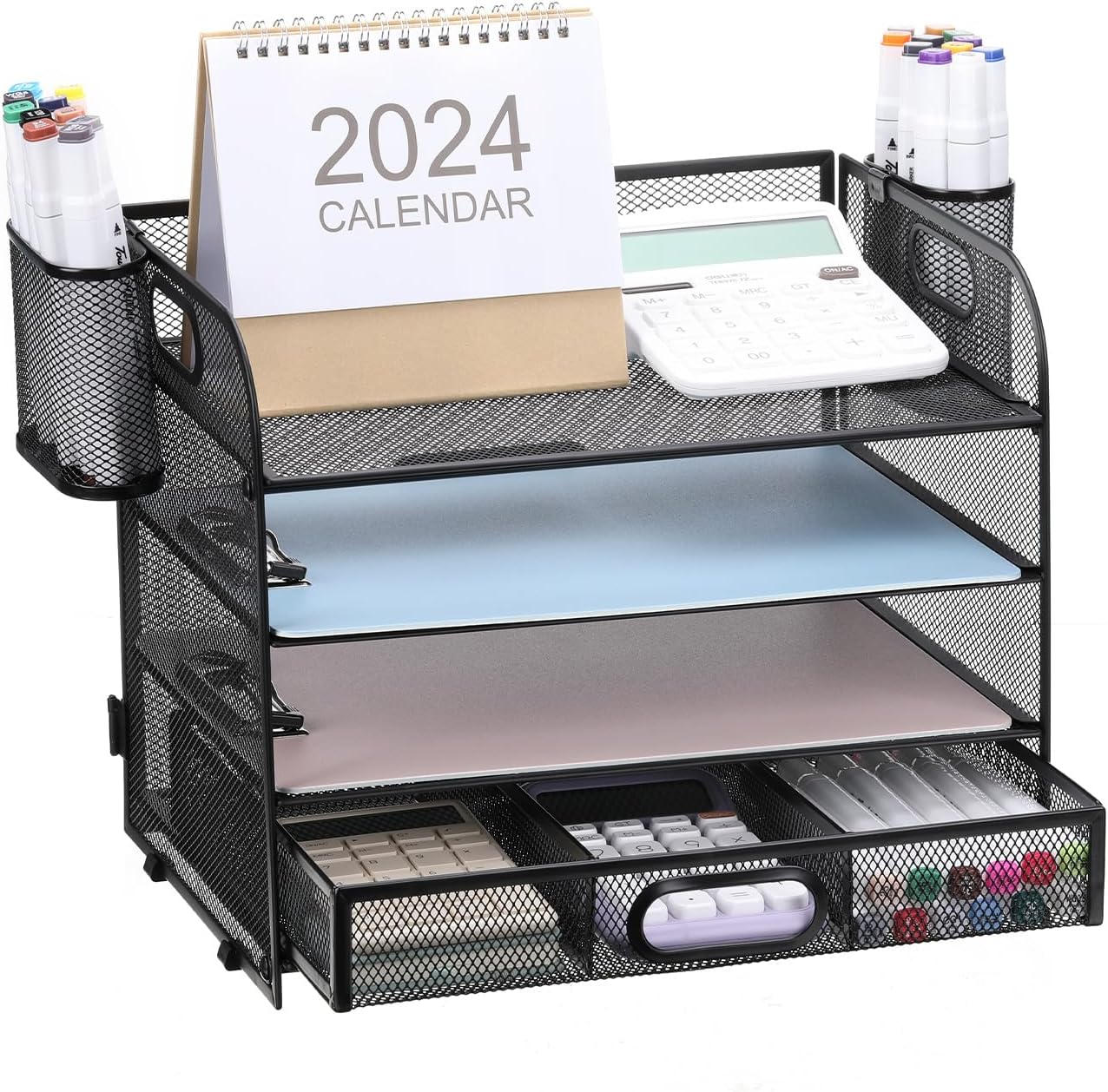 Amazon.com: NCXTKJ 4-Tier Desk Organizer Paper Tray with Drawer and Pen ...
