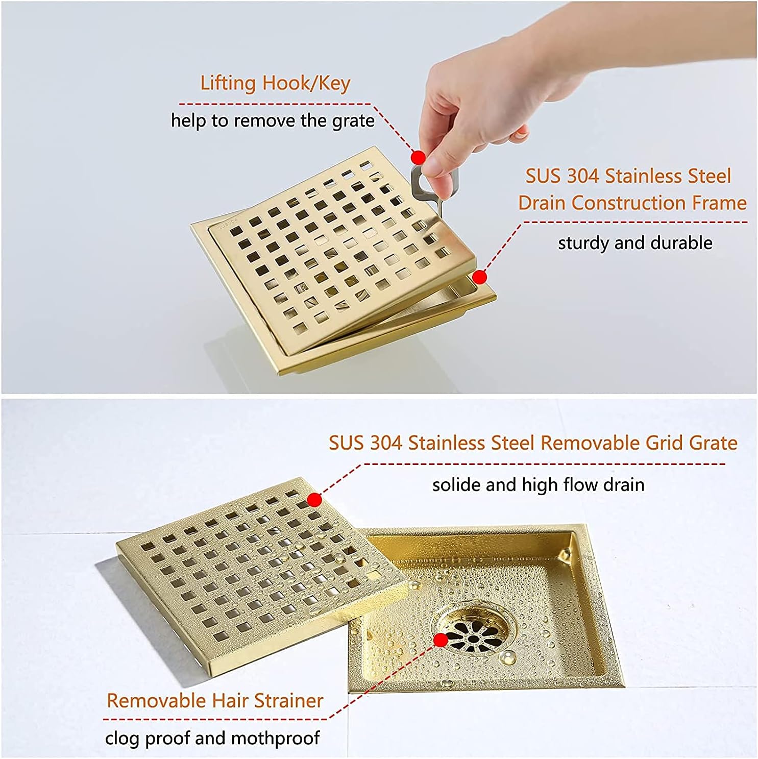 RANDOM 6-inch Square Shower Floor Drain with Removable Cover Grate ...