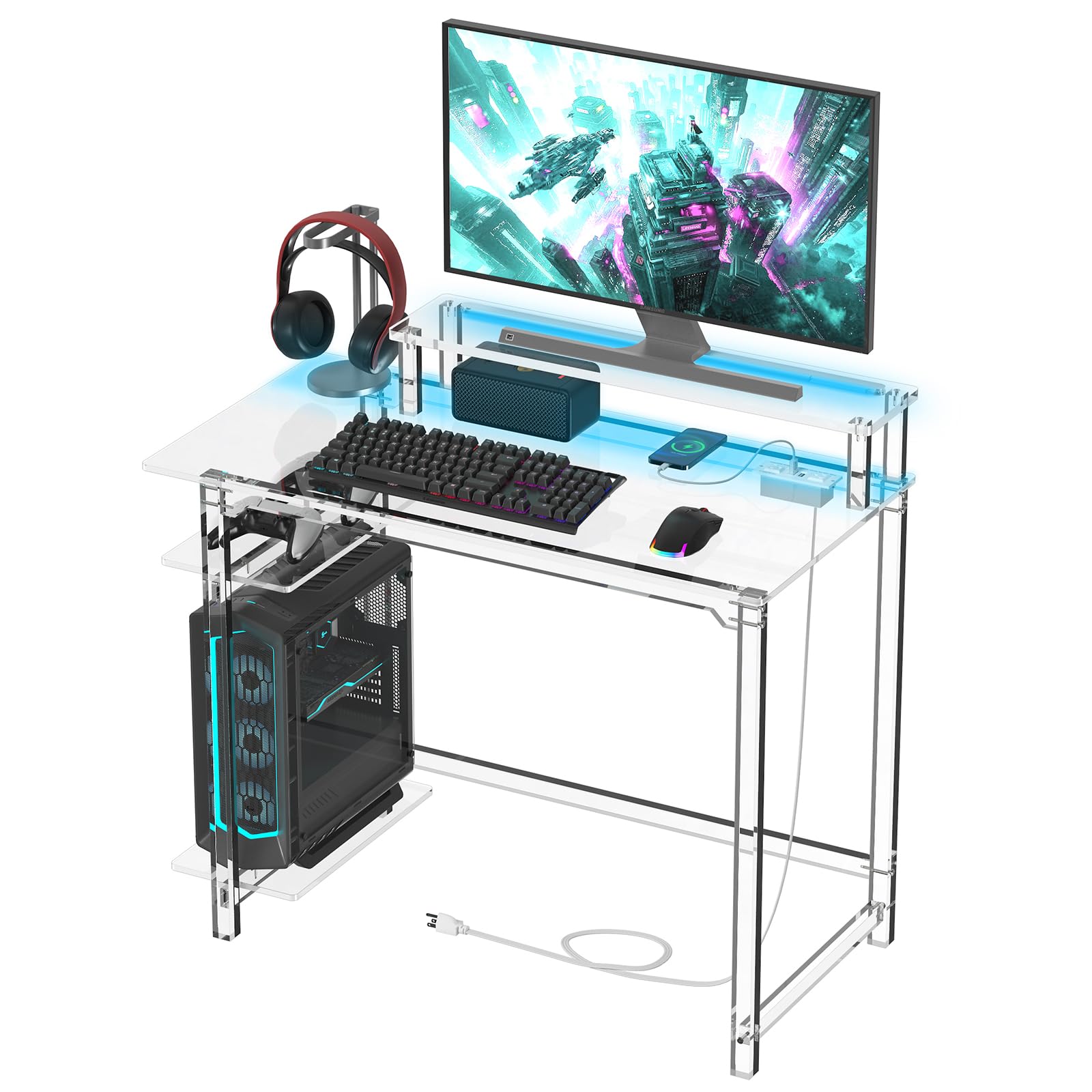 HMYHUM Acrylic Gaming Desk with LED Lights & Charging Station, Clear ...
