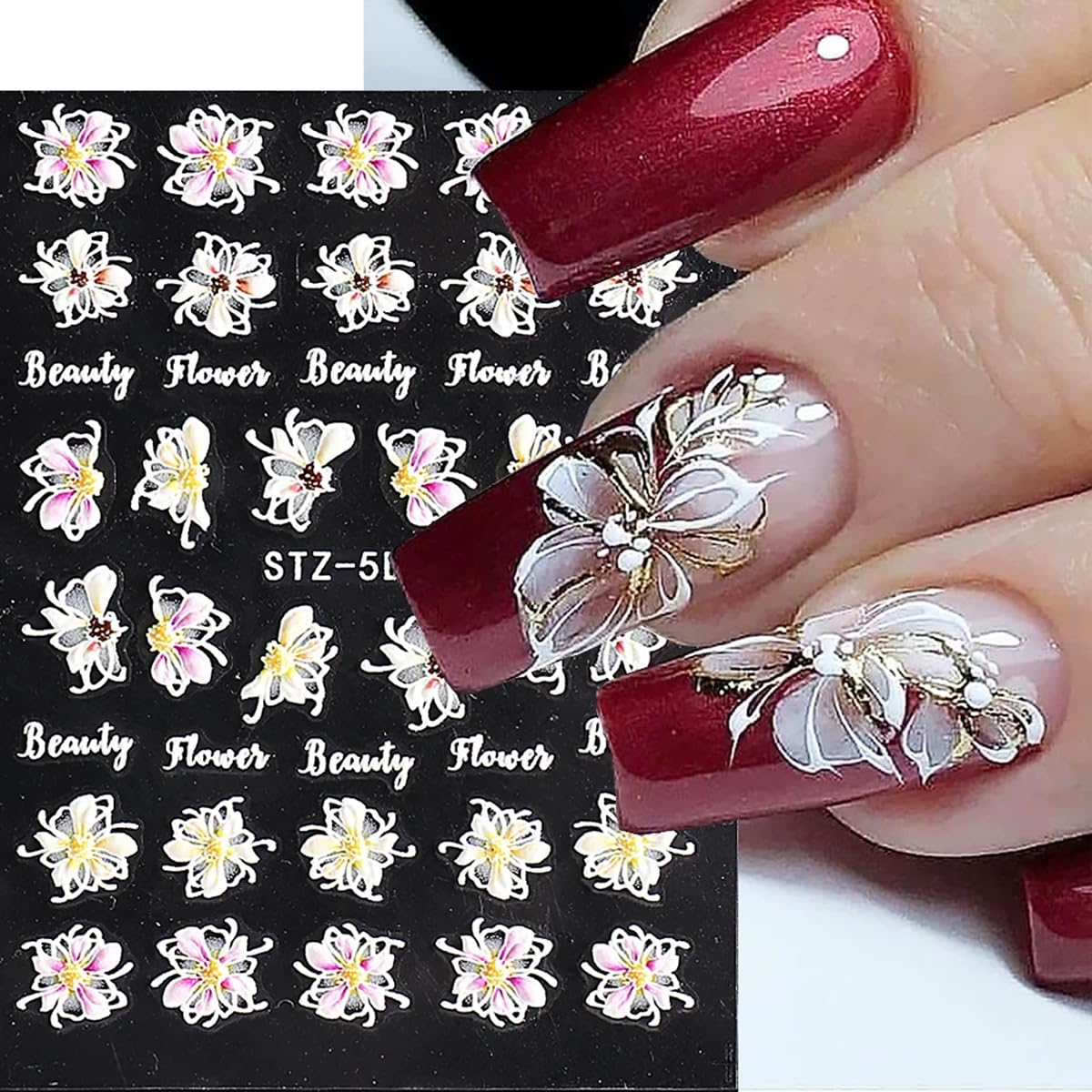 Amazon.com: 6Sheets Flower Nail Art Stickers 5D Embossed Flower Nail ...